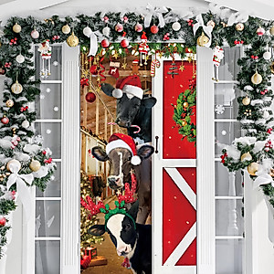 Zhanmai Cow Christmas Door Cover Decor Fabric Funny Merry Christmas Door Covers Decorations Xmas Party Santa Hanging Banner Backdrop Background for Front Door Holiday Winter New Year, 71 x 35 in