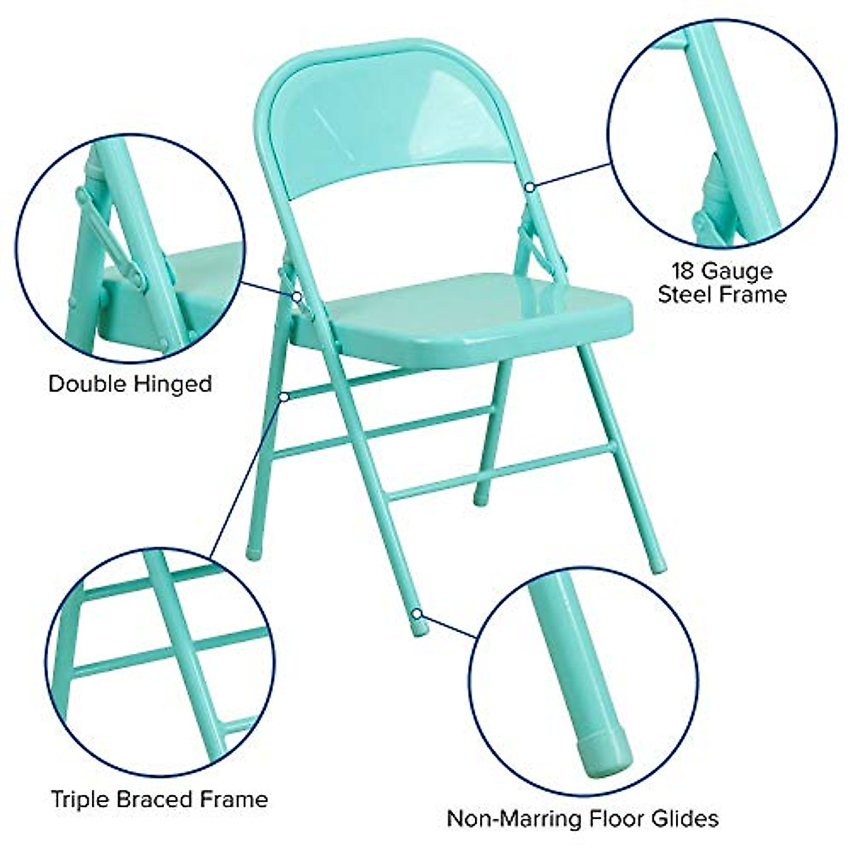 Flash Furniture 2 Pack HERCULES COLORBURST Series Tantalizing Teal Triple Braced & Double Hinged Metal Folding Chair