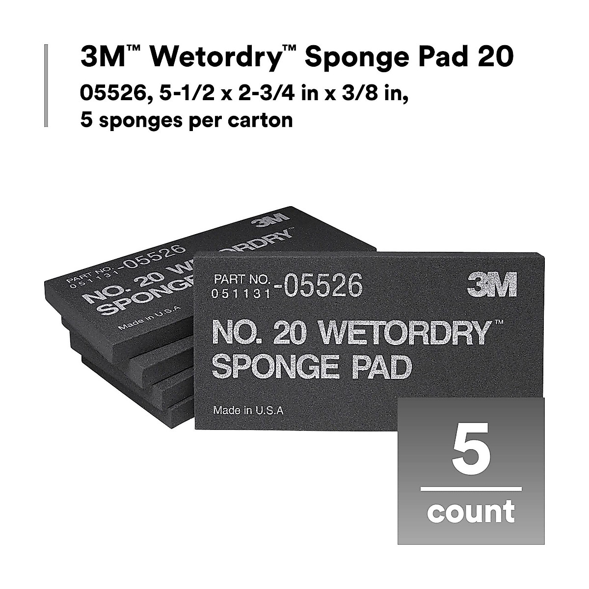 3M Wetordry Sponge Pad 20, 05526, 5 1/2 x 2-3/4 in x 3/8 in , Black
