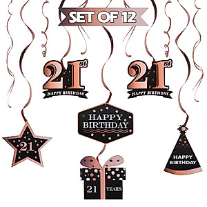LINGTEER Happy 21st Birthday Decorations,21st Birthday Black with Rose Swirls Hanging Streamer Kit,Cheers to 21 Years Old Bday Foil Party Photo Backdrop Supplies.