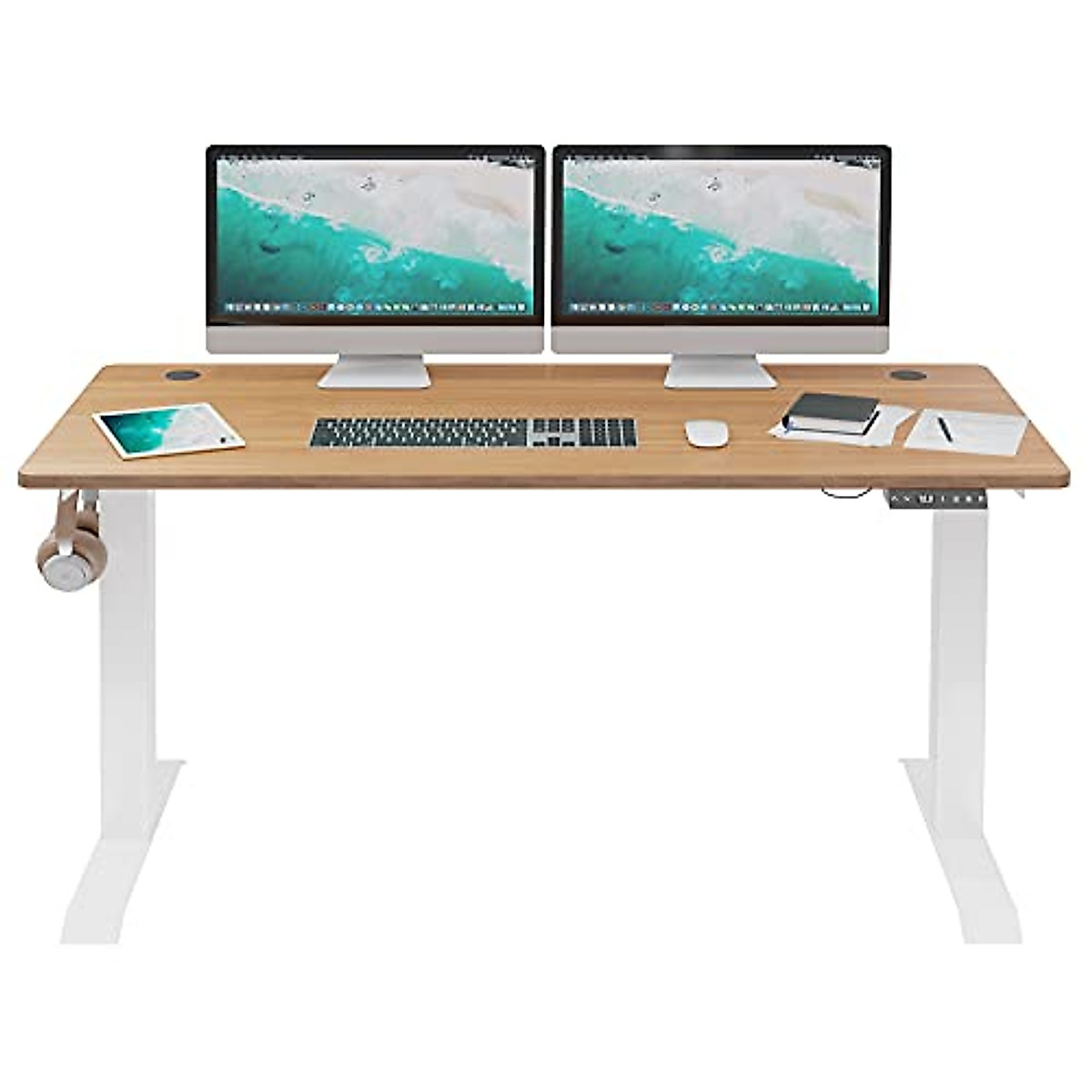 Walsunny Electric Height Adjustable Standing Desk, 63 x 24 Inches Splice Board, Sit Stand Up Computer Table with Memory Preset Controller for Home, Office,White Frame/Walnut Top