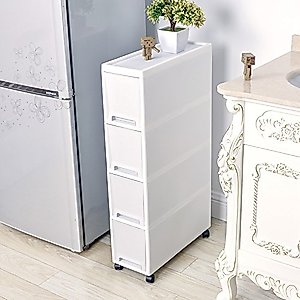 Shozafia Narrow Slim Rolling Storage Cart and Organizer, 7.1 inches Kitchen Storage Cabinet Beside Fridge Small Plastic Rolling Shelf with Drawers for Bathroom