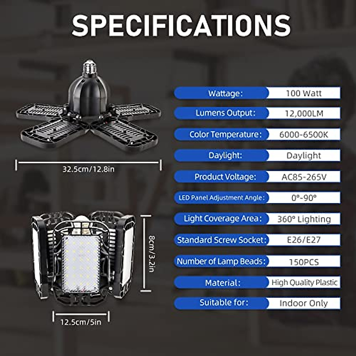 LED Garage Light, Ultra Bright Garage Lights Ceiling Led 360° Illuminator, 100W 12000LM 6500K Deformable LED Garage Ceiling Lights with 5 Adjustable Panels E26/E27 for Garage Basement Bay Workshop