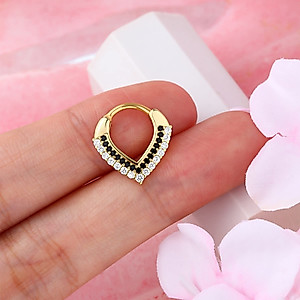 CM Crareesi Mania Septum Jewelry 8mm Teardrop Septum Piercing Jewelry 316L Stainless Steel Daith Piercing Jewelry Gold Double Clear CZ Paved 16G Septum Clicker Rings for Women