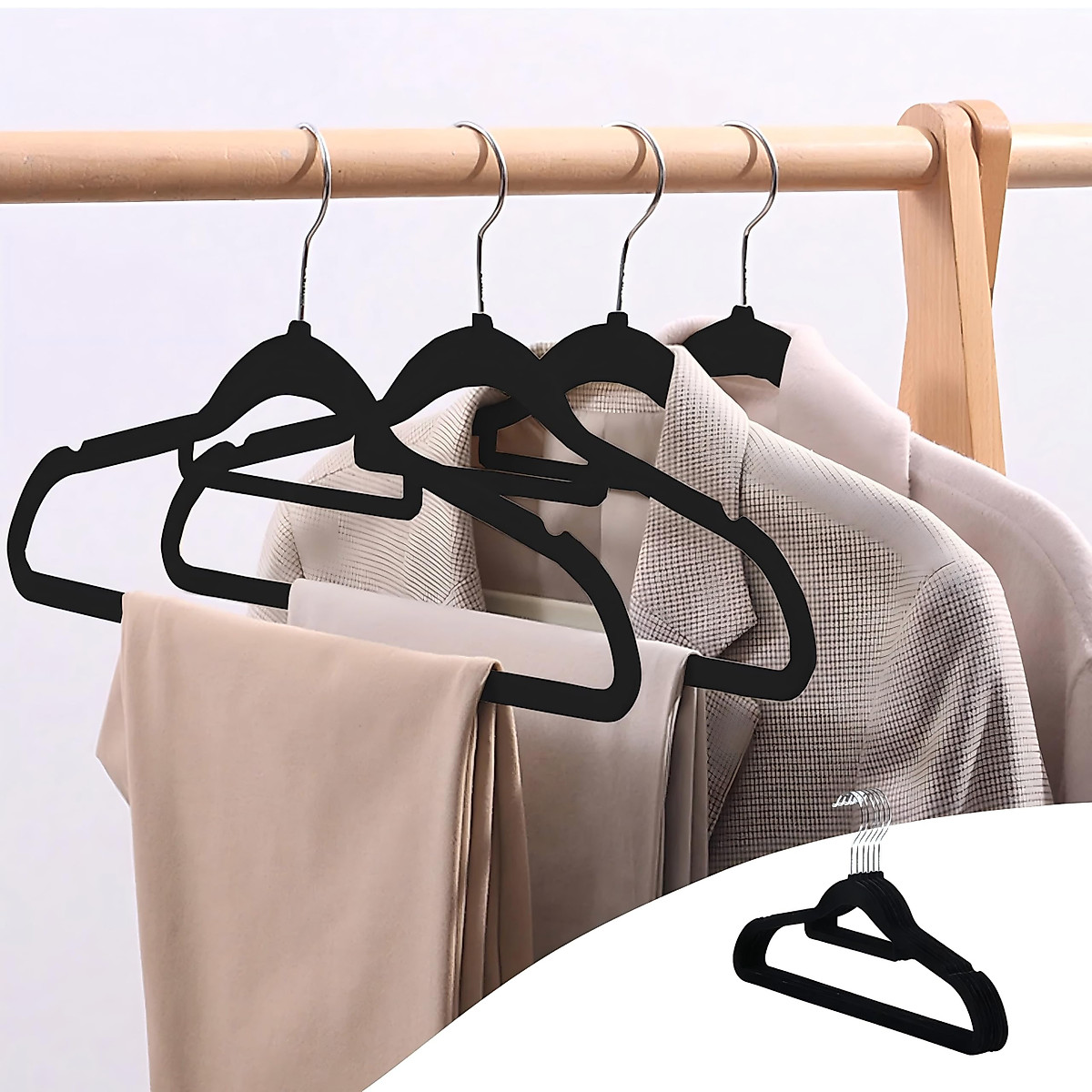Himimi Clothes Hangers 10 Pack, Black Non-Slip Velvet Clothes Hangers with Shoulder Notches, Pants Bar, 360° Swivel Hook, Space-Saving, for Closet