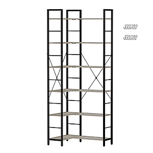 Hzuaneri Corner Bookshelf Bookcase, L-Shaped Industrial Bookshelves, Modern Tall Bookcases, Freestanding Display Shelf Storage Rack for Bedroom, Living Room, Home Office, 6-Tier Greige BC29605B