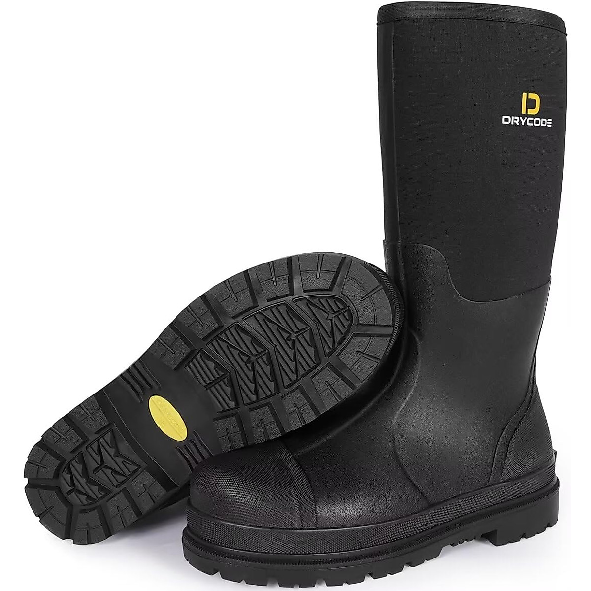 D DRYCODE Work Boots for Men with Steel Shank, Waterproof Rubber Boots 7mm Neoprene Insulated Anti-slip Mud Rain Boots, Black, Size 5-14