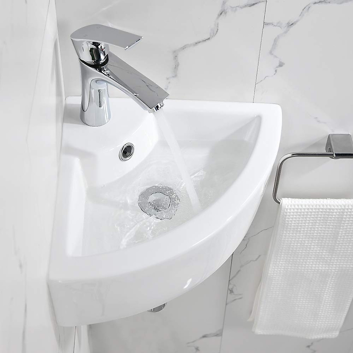 Wall Mount Small Corner Bathroom Sink and Faucet Combo with Overflow Triangle White Porcelain Ceramic Wall Hung Mini Vanity Space Bathroom sink, Faucet and Drain Combo