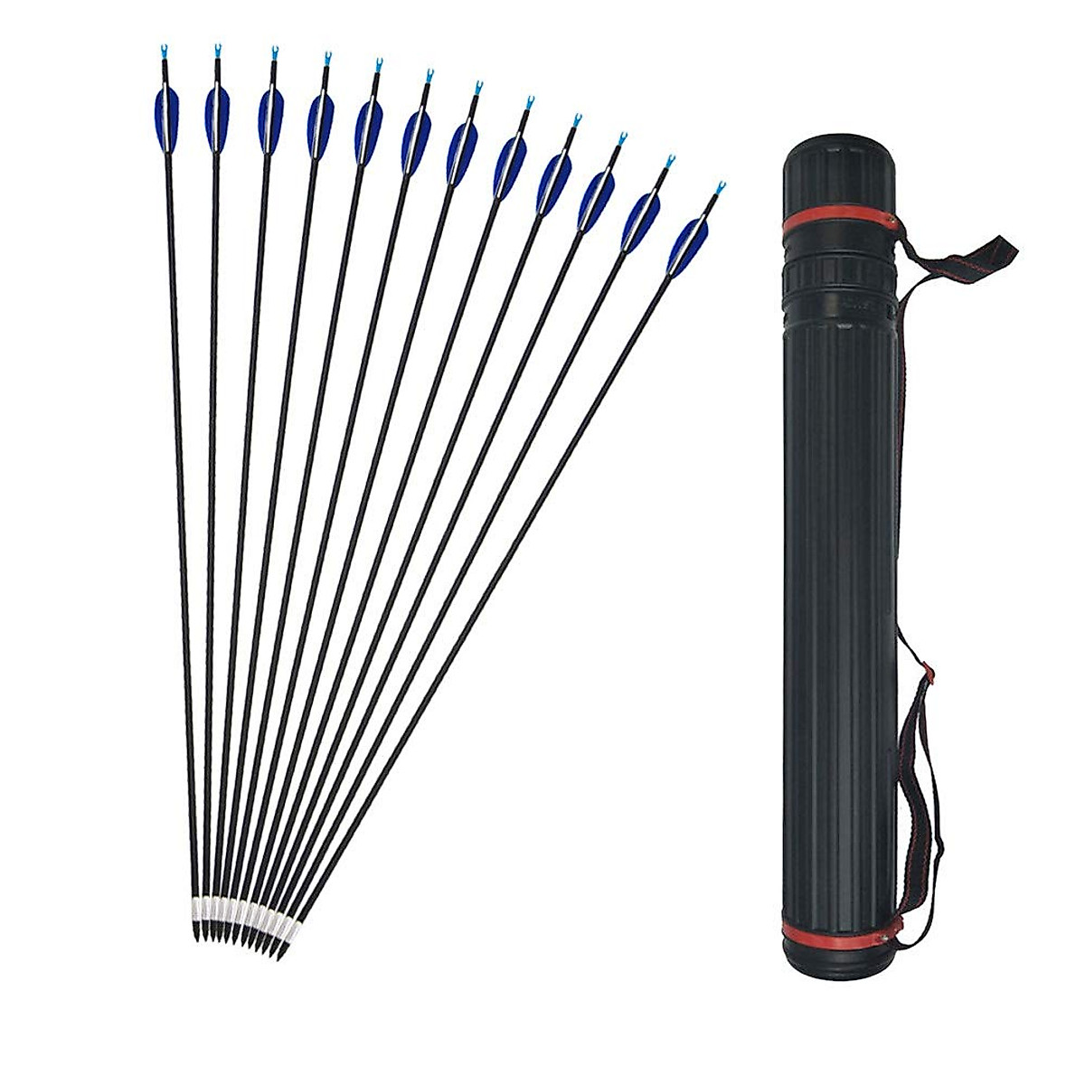 HNZMDY 12 Pcs 30 Inch Archery Carbon Arrows 700 Spine Hunting Practice Carbon Shaft with Turkey Feather and Removable Tips for Compound Bow and Recurve Bow (12pcs arrow+ Quiver)