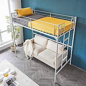 VINGLI Twin Loft Bed with Guard Rail Flat Ladder Rung, Metal Loft Bunk Bed Frame for Kids and Young Teens, No Box Spring Required, White