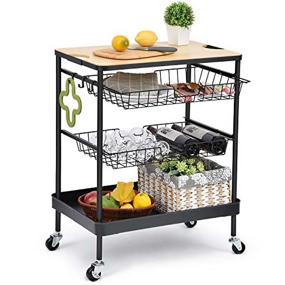 TOOLF Kitchen Island Serving Cart with Utility Wood Tabletop, 4-Tier Rolling Storage Cart with 2 Basket Drawers, Universal Lockable Casters for Home, Dining Room, Office, Restaurant, Hotel