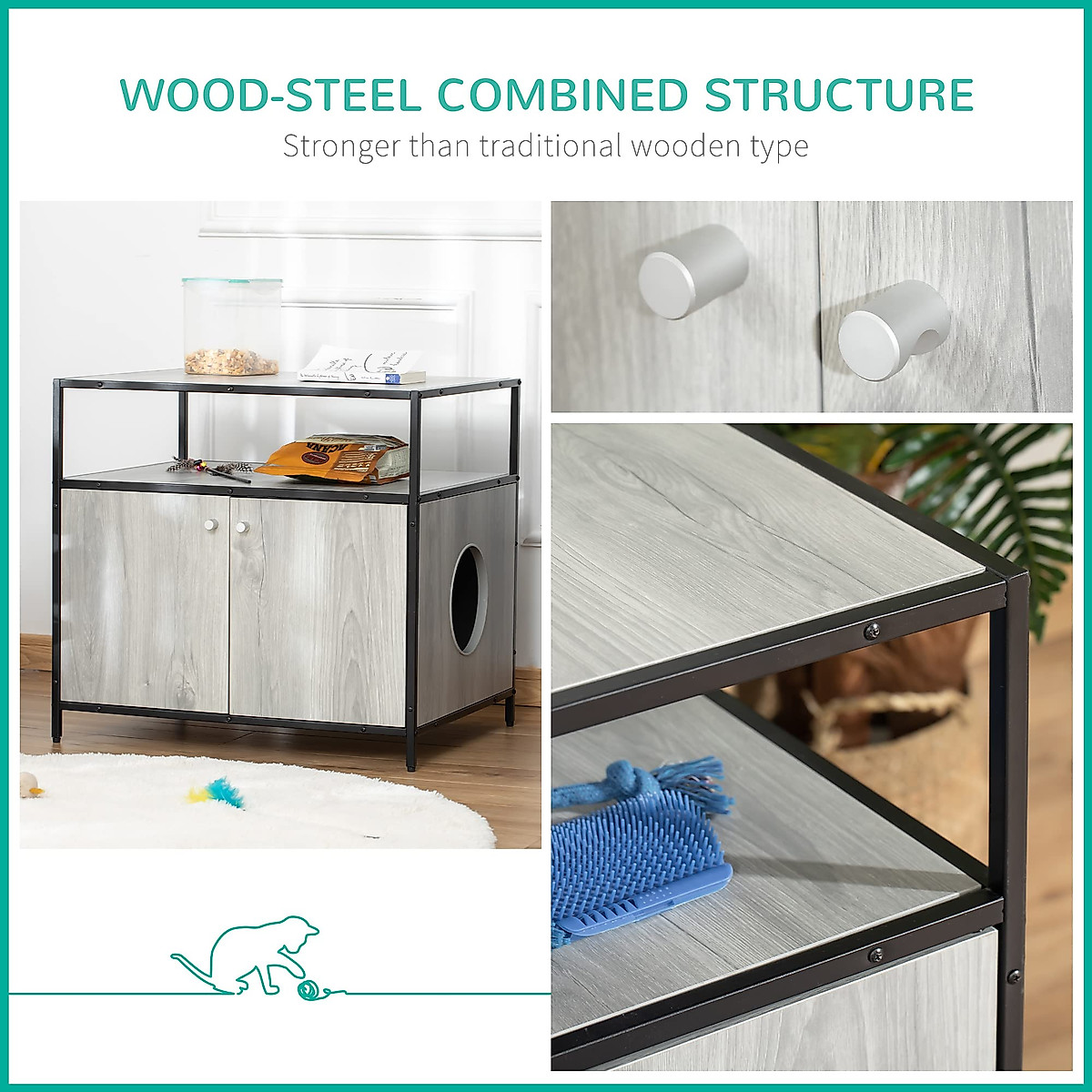 PawHut Wooden Cat Litter Box Enclosure, Hidden Kitten Washroom, Indoor End Table with Magnetic Doors & Storage Shelves, Grey