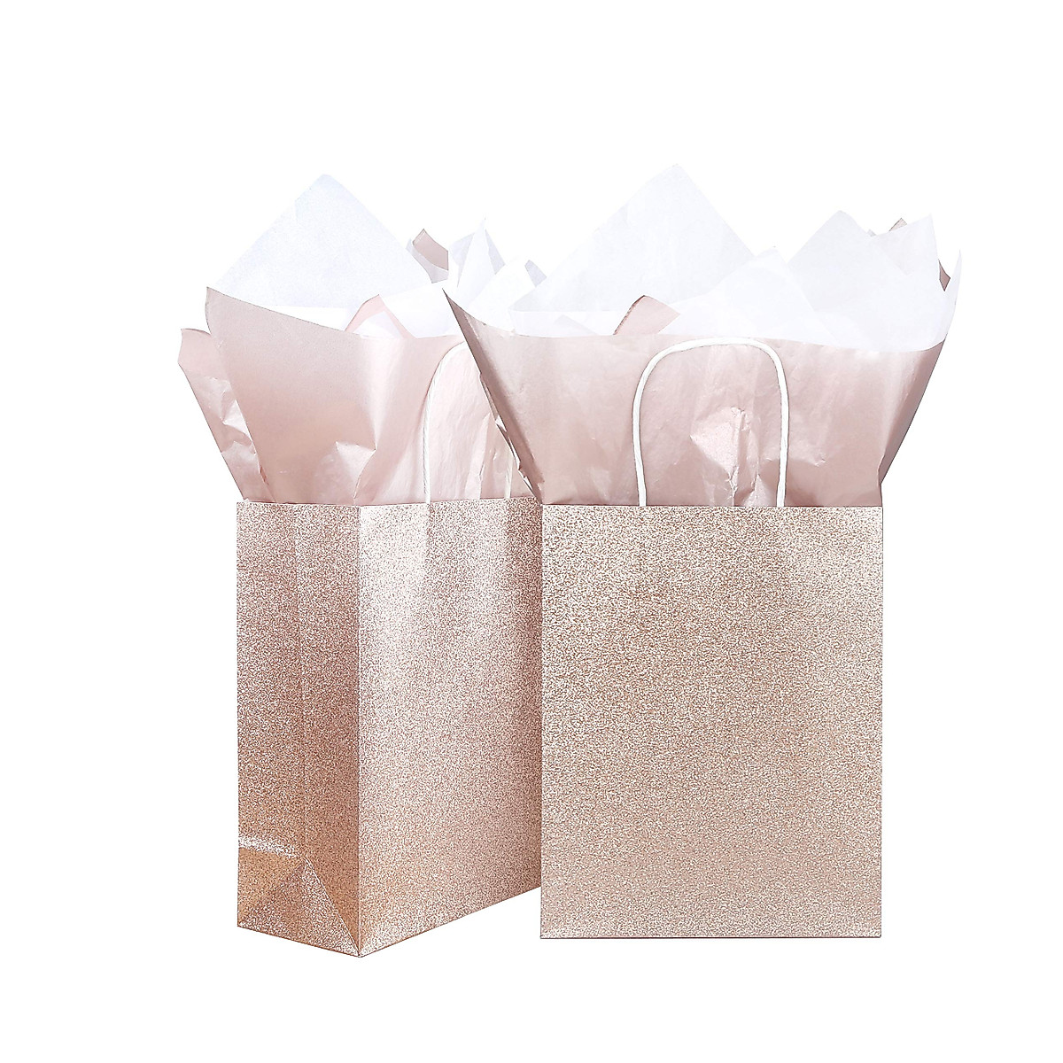 UNIQOOO 12 Pack Rose Gold Glitter Gift Bags w/ 12 Rose Gold 12 White Tissue Wrapping Paper | Kraft Paper Favor Bag for Wedding Bridal Shower Baby Shower Valentine's Day Holiday Anniversary Party