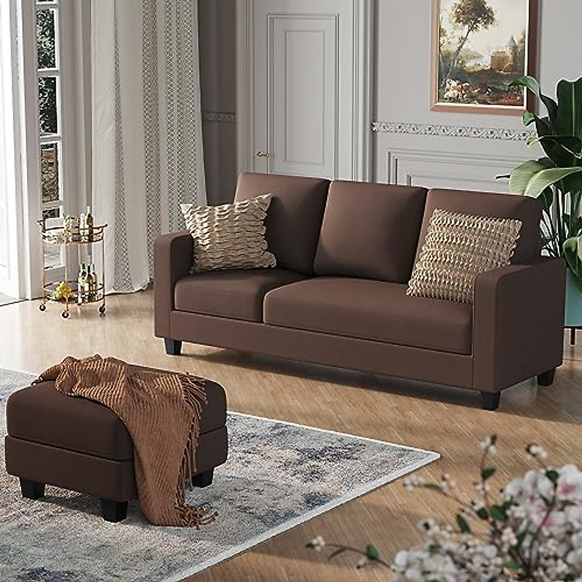Furniwell Convertible Sectional Sofa Couch, L Shaped 3-Seat Small Couch for Living Room with Ottoman Modern Fabric Reversible Chaise for Apartment and Small Space (Brown)