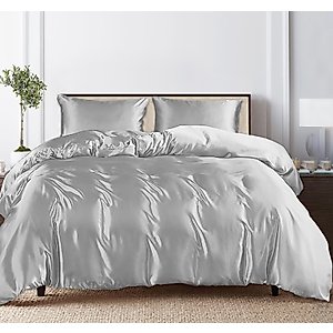Linenwalas Tencel Lyocell Duvet Cover Set with Deep Pocket Fitted Sheet, Viscose Made from Eucalyptus Soft, Lightweight and Breathable Complete Bedding Set (Silver, King)