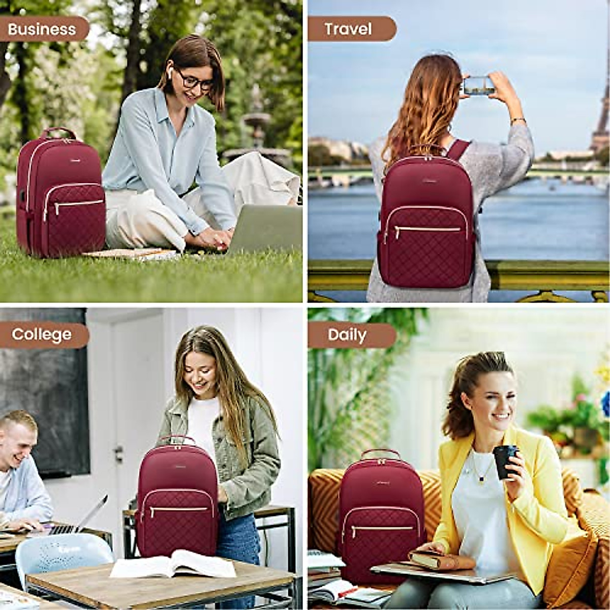 LOVEVOOK 15.6-inch Laptop Backpack for Women, Quilted Business Travel Computer Bag, Doctor Nurse Backpack Purse for Work, Wine