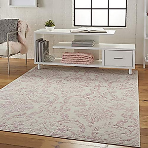 Nourison Jubilant Damask Ivory/Pink 5'3" x 7'3" Area -Rug, Easy -Cleaning, Non Shedding, Bed Room, Living Room, Dining Room, Kitchen (5x7)