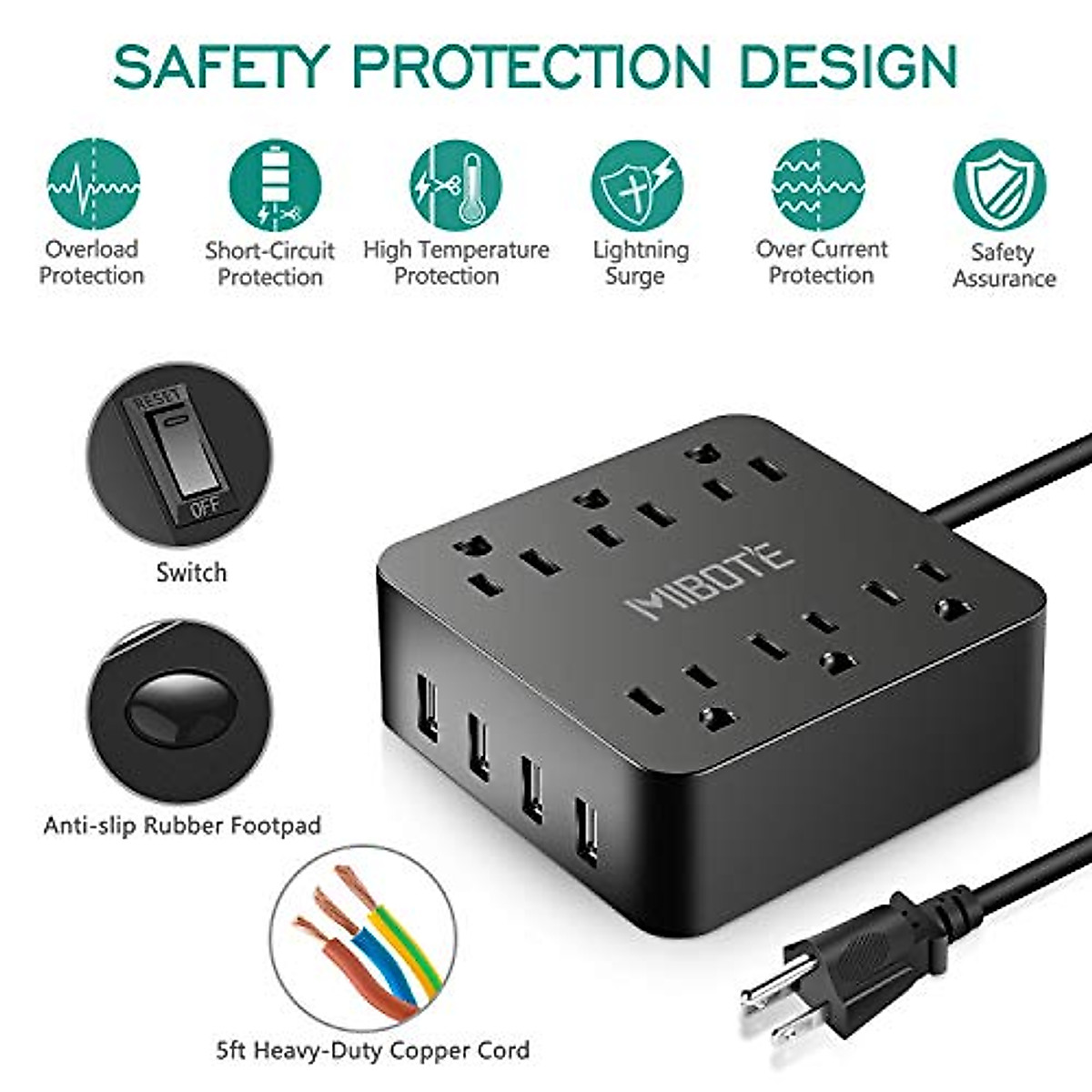 Power Strip with USB, MIBOTE 6 AC Outlet with 4 Port USB Surge Protector Power Strip Charger 5ft Power Cord 1875W 100-240V for Travel, TV, Computer, Transformers, Power Bank