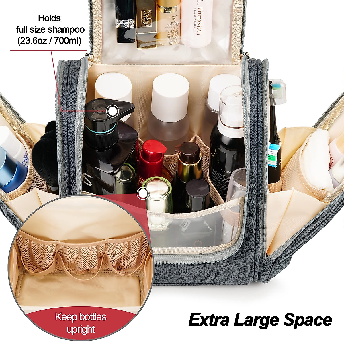 COOSKY Hanging Travel Toiletry Bag for Women and Men, 6 Organizer Compartments, Extra Large Toiletries Bag, Bathroom Cosmetic Bag, Water-resistant Makeup Bag, Holds Full-Size Shampoo, Grey