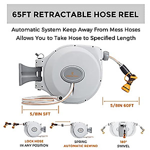 Giraffe Tools Retractable Garden Hose Reel 5/8" x 65 ft, Water Hose Reel Wall Mount, Automatic Retractable Hose Reel with Slow Return, Any Length Lock
