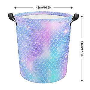 Glitter Mermaid Rainbow Laundry Baskets Magic Fish Tail Sparkles printed Collapsible Waterproof Laundry Hamper with Handles Round Toy storage for Dirty Clothes Kids Toys Bedroom Bathroom