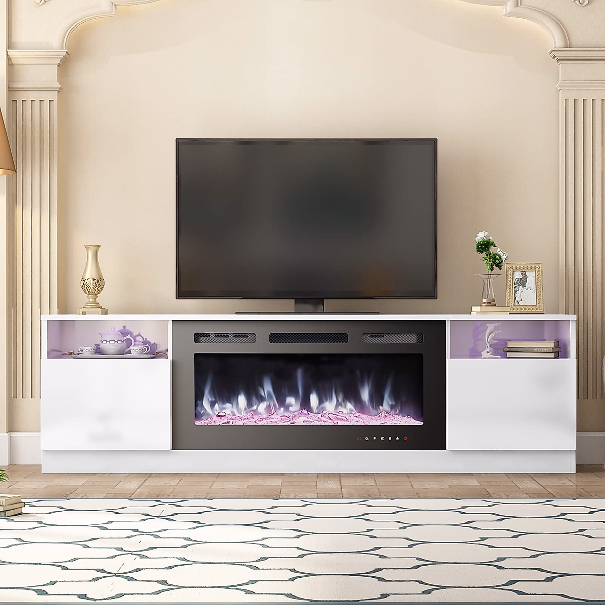 EROMMY 70'' Fireplace TV Stand with 36'' Electric Fireplace, Entertainment Center with 16 Color Led Lights and 12 Flame Fireplace Insert Heater, White TV Console for TVs up to 80'' for Living Room