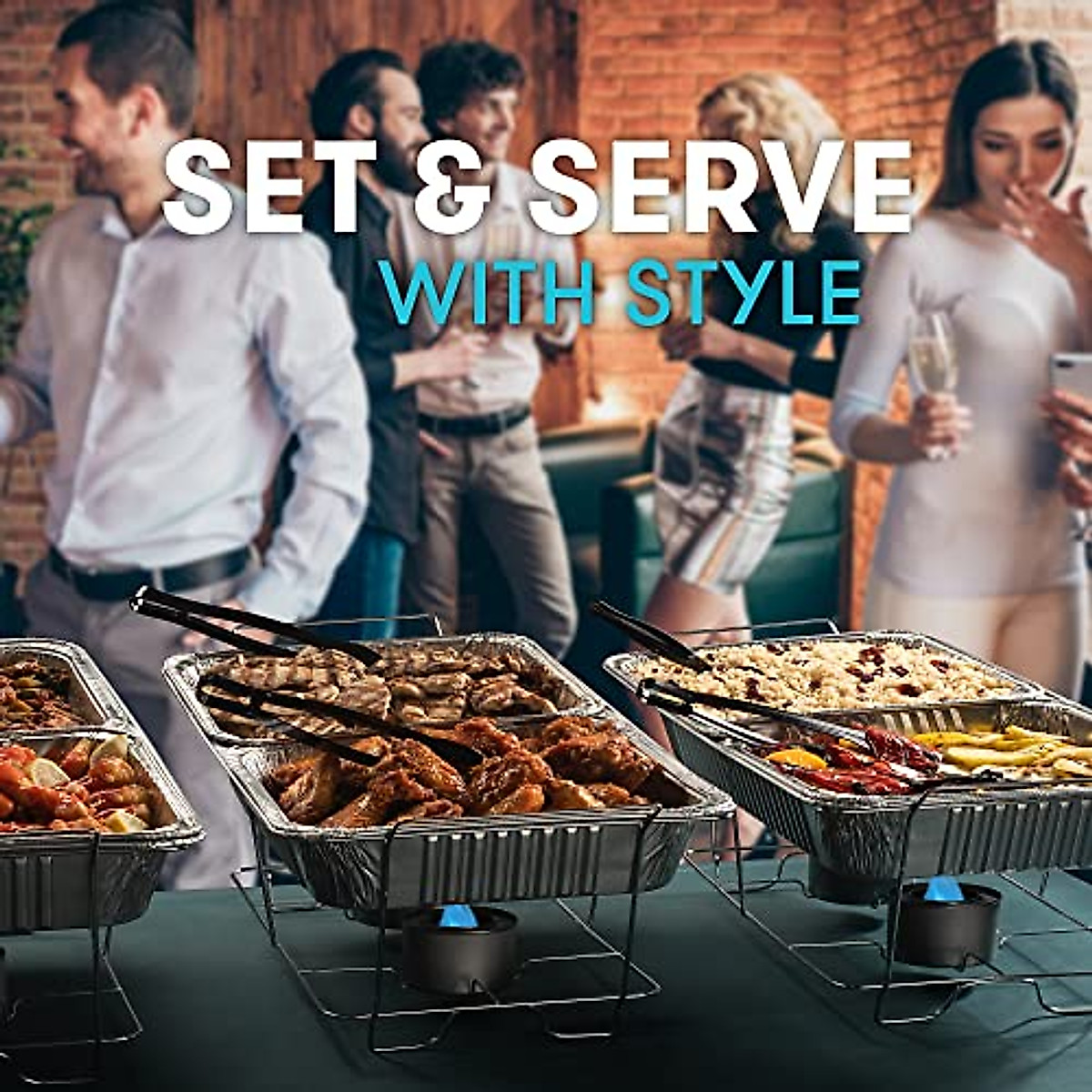 Disposable Chafing Dish Buffet Set Food Warming Trays - Buffet Set Trays Food Warmers for Parties & Events - Replacement Chafing Dishes for Catering (9 Serving Utensil Set)