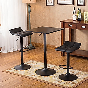Roundhill Furniture Belham Black Square Top Adjustable Height with Black Leg and Base Metal Bar Table and 2 Swivel Black Bonded Leather Adjustable Bar Stool Bar Sets
