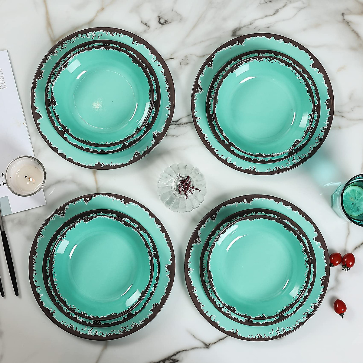 Rustic Melamine Dinnerware Set - 12 Pcs Yinshine Outdoor Camper Dinnerware Dishes Set Service for 4, Green