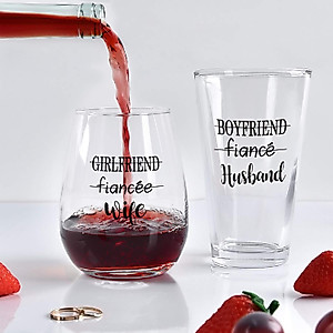 Modwnfy Husband Wife Stemless Wine Glass and Beer Glass Combo, Great Couple Gift for Wedding Engagement Party Bridal Shower Anniversary Valentine’s Day Wife Husband Couple Newly Married, Set of 2