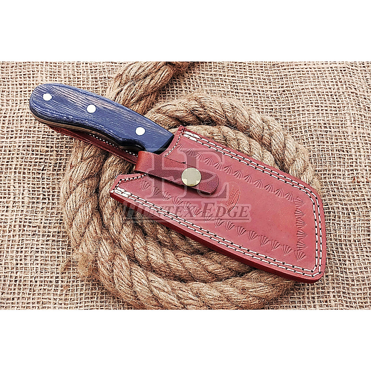 HUNTEX Handmade Hand-Forged Ladder Pattern Damascus Steel 9.5 Inch Long Full Tang Pakka Wood Handle Razor Sharp Hunting Camping Cleaver Knife w/Genuine Leather Sheath
