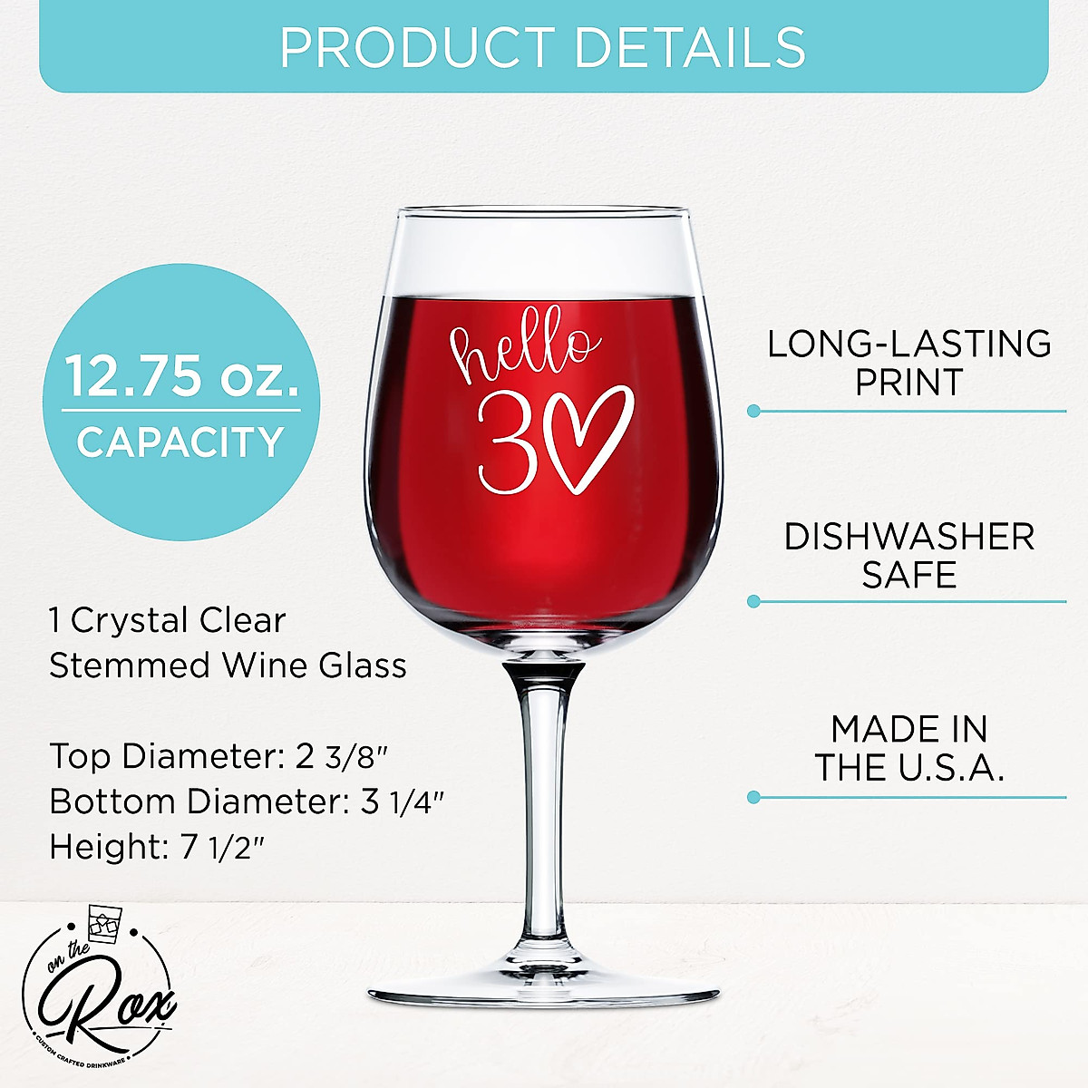 30th Birthday Gifts For Her - 12.75oz “Hello 30” Stemmed Wine Glass - 30th Birthday Decorations for Women - 30th Anniversary Ideas for Her, Mom, Wife - Birthday Gifts for 30 Year Old Daughter, Sister