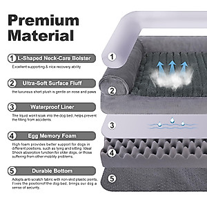 Kudoggy Large Dog Bed, Orthopedic Dog Beds for Large Dogs, Dog Sofa Bed with L-Shaped Bolster, Memory Foam Dog Bed with Waterproof Liner and Washable Cover, 35"x26", Grey