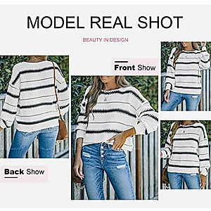 Dokotoo Long Sleeve Crewneck Striped Pullover Sweaters for Women Winter Casual Loose Knit Pullover Sweater Jumper Tops White Medium