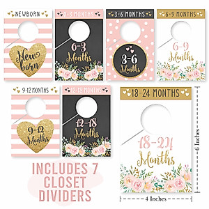 7 Pink Gold Baby Nursery Closet Organizer Dividers For Girl Clothing, Floral Age Size Hanger Organization For Kid Toddler, Infant, Newborn Clothes Must Have, Shower Registry Gift Supplies, 0-24 Months
