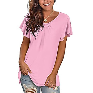DB MOON Womens 2023 Summer Tops Casual Ruffle Short Sleeve T Shirts Shirred Crewneck Tunic Loose Fit Blouses XL, Pink