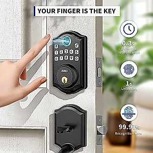 AIMO Fingerprint Door Lock，Keyless Entry Door Lock with Keypad，Full-Metal Electronic Deadbolt，IP65 Waterproof，Auto Lock, Anti Peeking Password, Easy Installation, D1，Matte Black