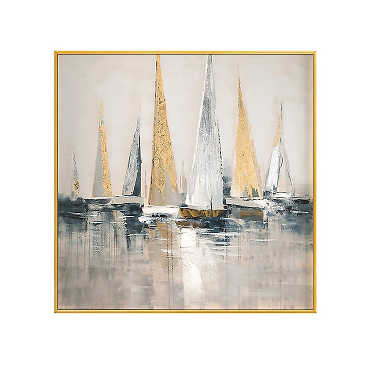 Oil Painting Hand Painted Gold Foil Sailboat On Canvas Painting Modern Decorative Paintings for Living Room,31inx31in,No Frame