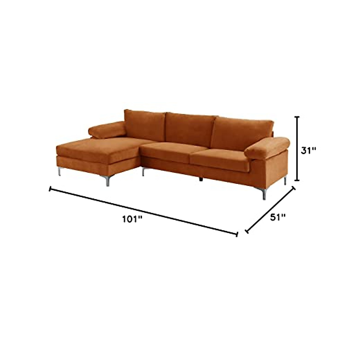 Casa Andrea Milano Modern Sectional Sofa L Shaped Velvet Couch, with Extra Wide Chaise Lounge, Large, Orange