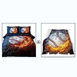 A Nice Night Baseball with Fire Print Comforter Quilt Set and Sherpa Fleece Blanket Twin Size Plush Throw Blanket Fuzzy Soft Blanket Microfiber