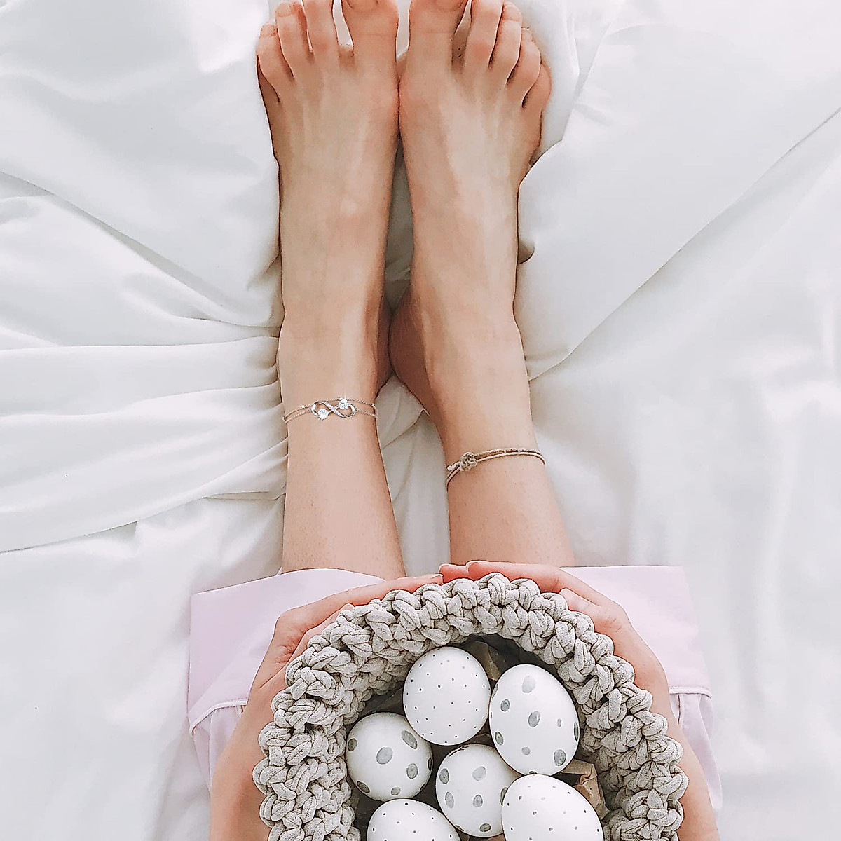 NINAMAID Anklet Bracelets For Women, 925 Sterling Silver Infinity Anklet For Women Adjustable Beach Women's Anklets Jewelry Gifts for Women