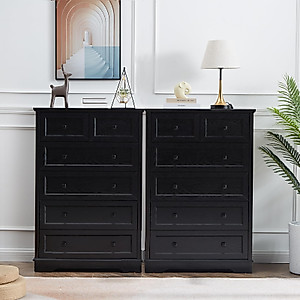 LDTTCUK 6 Drawer Dresser, Farmhouse Dresser Chest of Drawer for Bedroom, 48 Inch Tall Dresser, Wood Storage Chest of Drawers Storage Cabinet for Living Room, Entryway, Hallway, Black