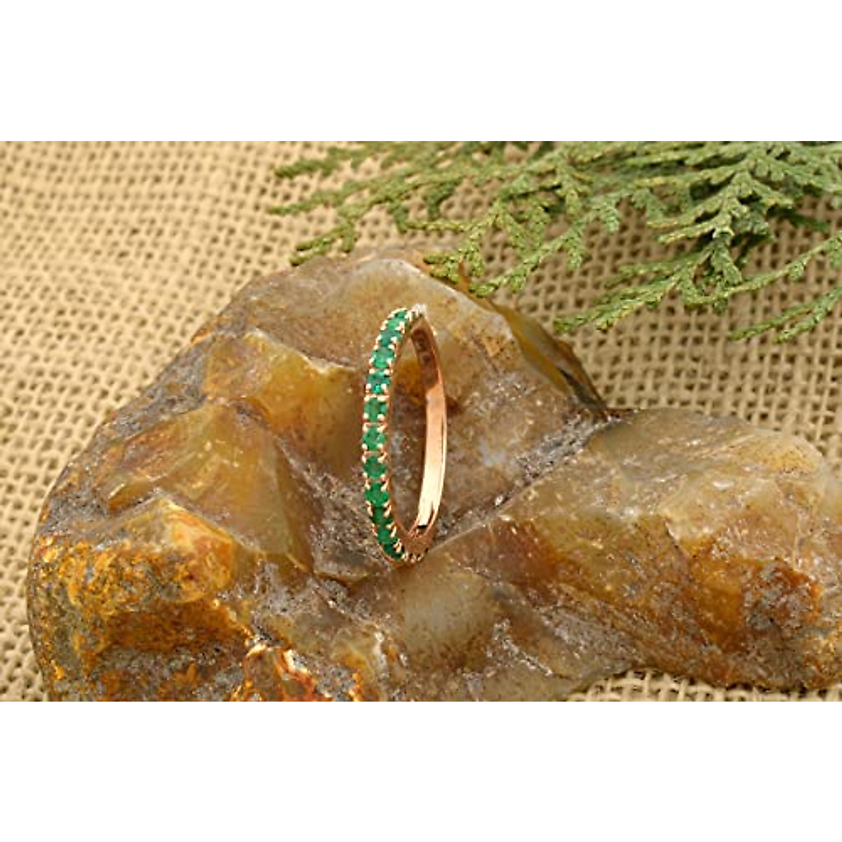 Mirahi May Birthstone Half Eternity Band Ring For Women, 14k Solid Rose Gold Ring For Girls, 2mm Round Cut Emerald Anniversary Ring For Her, 0.51 Carat Natural Gemstone Wedding Ring (Size US 7)