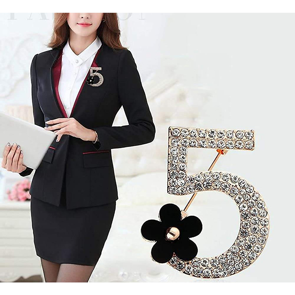 Comelyjewel Brooch Pin Number Five Pin Brooch Corsage Scarf pin Rhinestones Breastpin for Wedding/Banquet/Bouquet Golden