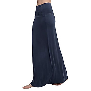Urban CoCo Women's Stylish Spandex Comfy Fold-Over Flare Long Maxi Skirt (M, Navy Blue)