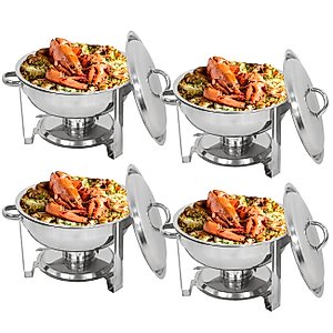 F2C 4 Pack of Stainless Steel Round Chafing Dish Buffet Set Chafer Warmer Set with Trays Pan Lid Folding Frame Stand for Kitchen Party Banquet Dining,5 Quart Full Size