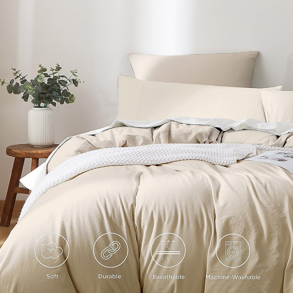 Nayoroom Beige Duvet Cover Set Queen Size Minimalist Solid Cream Oatmeal Comforter Cover with Zipper Closure 3 Pieces Soft Breathable Lightweight Microfiber Bedding Set