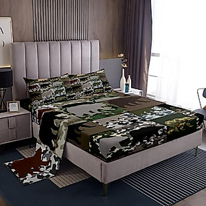 Wildlife Animal Hunting Camo Print Bed Sheet King Set,Camouflage Plaid Print Sheet Sets Adults Room Decoration,Bear Bedding Set with Flat,Fitted Sheet,2 Pillow Cases