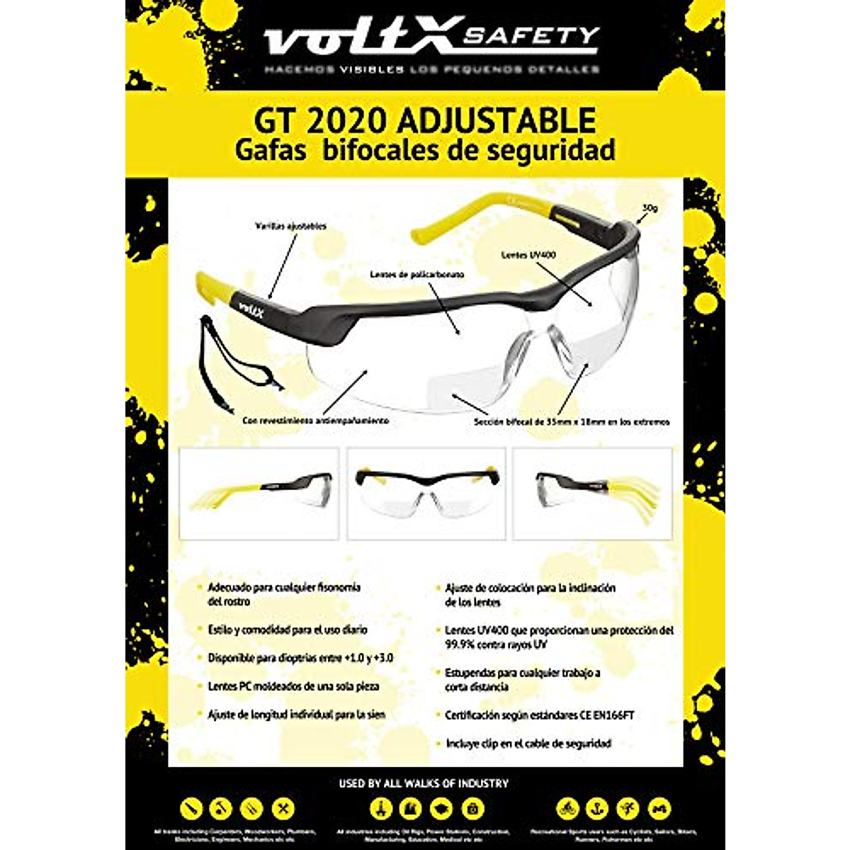 voltX GT ADJUSTABLE Bifocal Reading Safety Glasses (Clear Lens +2.5), ANSI Z87.1+ & CE EN166FT, Anti fog coated, UV400 Lens, Scratch resistant, Tilt & length adjustable earstems, clip on safety cord.