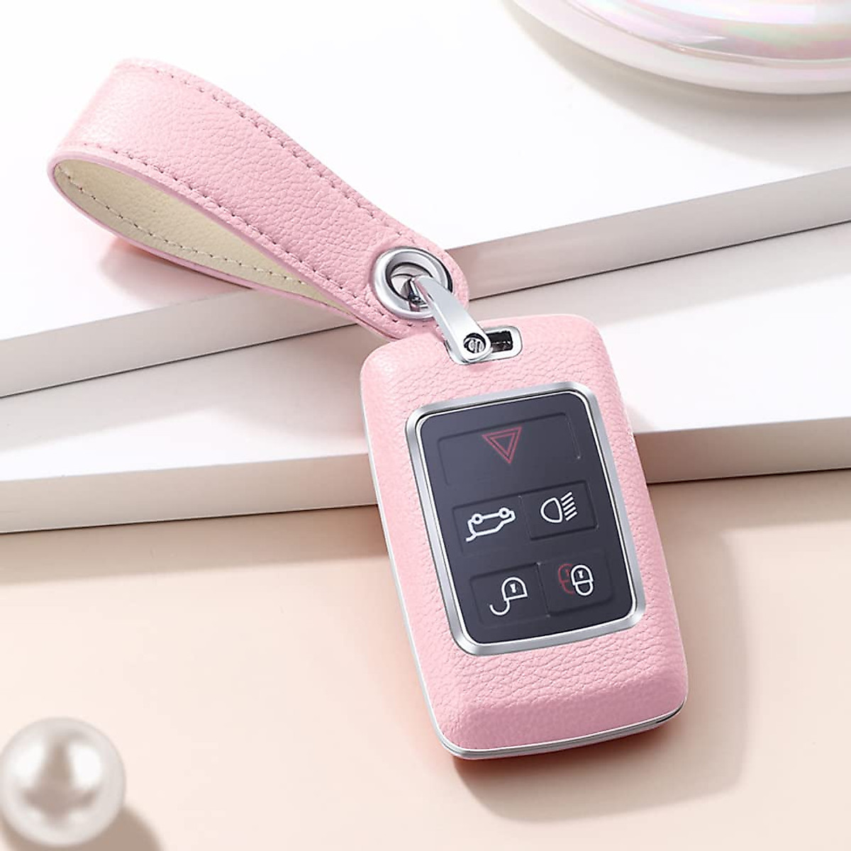 SANRILY PC+Leather Key Fob Cover for Jaguar XF 2021 and for Land Range Rover Discovery Rover Sport 2018 2019 Keyless Smart Key Case Shell with Keychain Pink